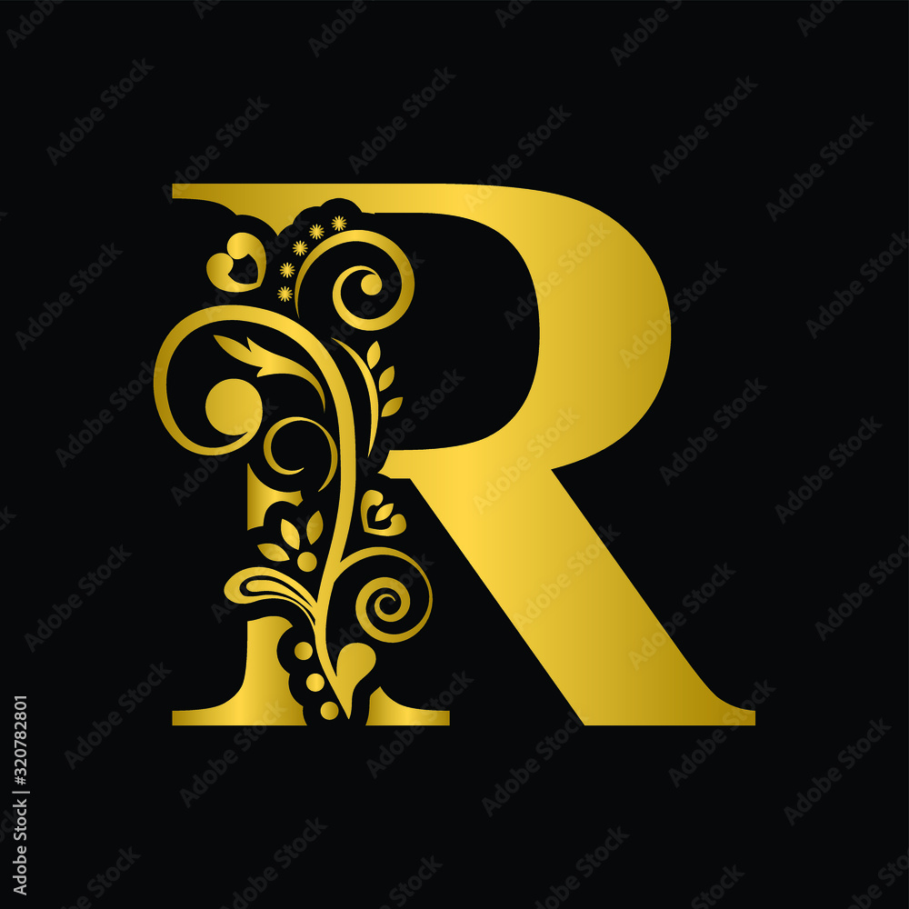 Gold letter R. Vintage golden flower ornament initial letters. Alphabet ...
