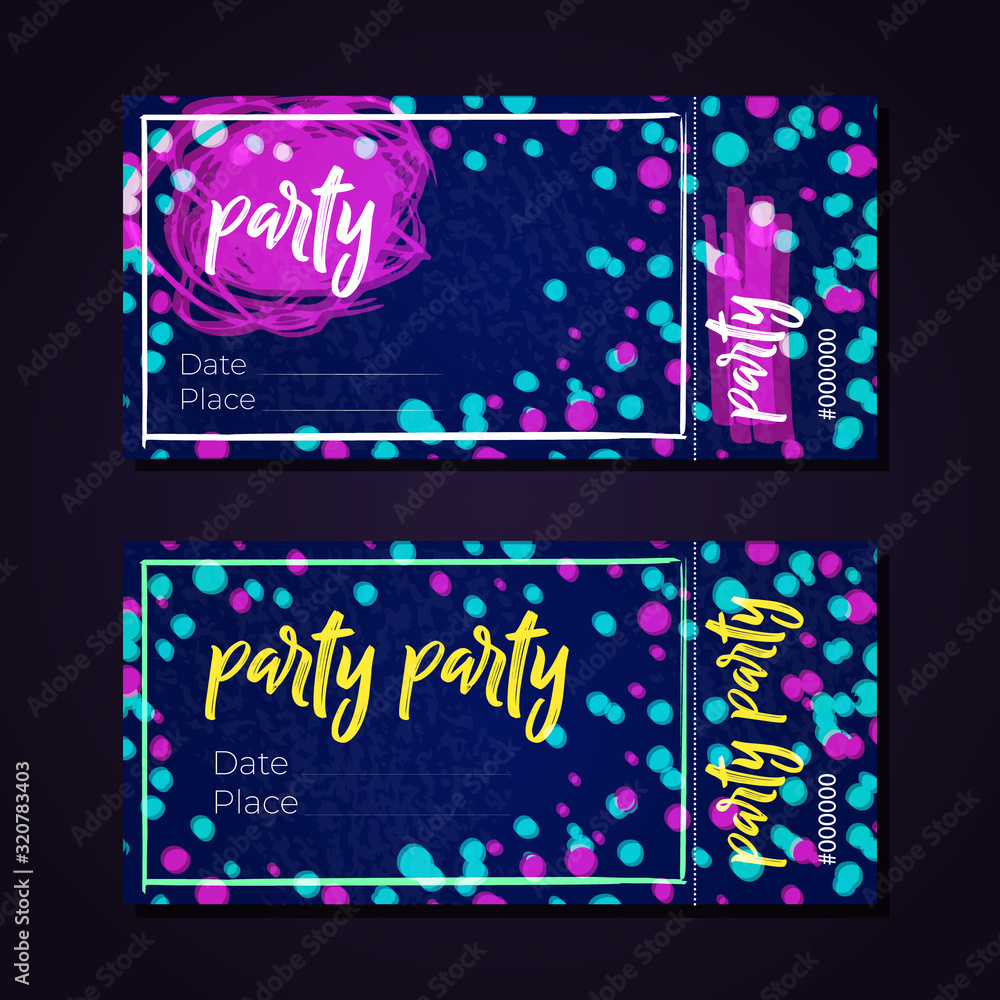 Neon light ticket set. Template for your invitation, poster, banner ...