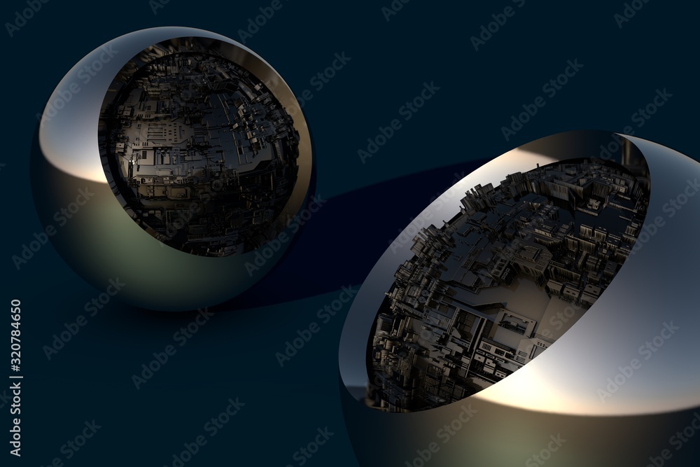Alien technology in a metallic ball. Techno sphere with reflections ...