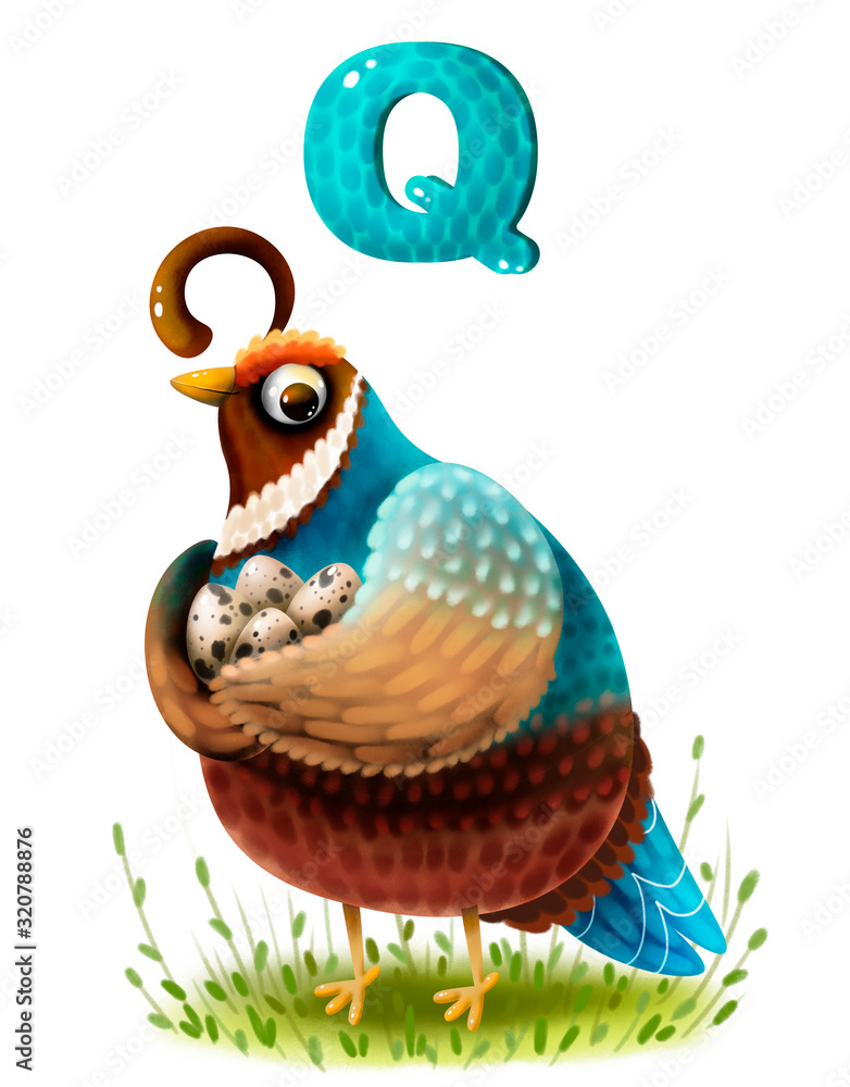 Cute cartoon quail with eggs and with the letter of the alphabet Stock ...
