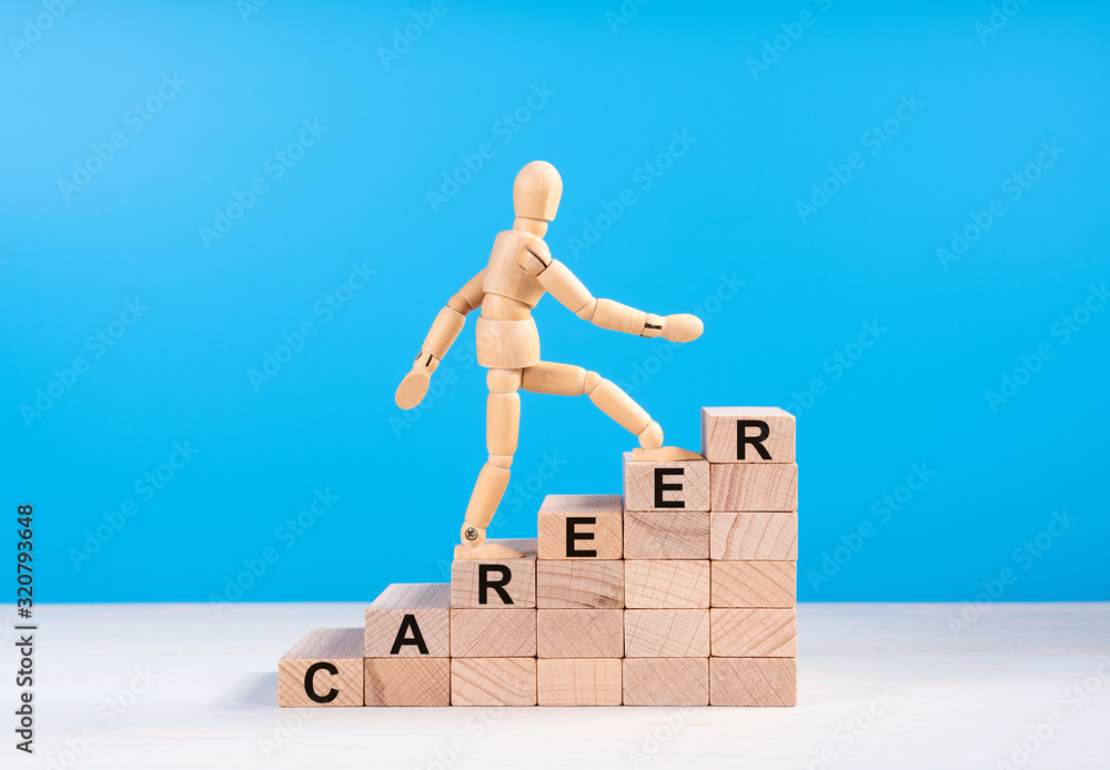 Figure of wooden man walk up the career steps. Ladder made of wooden ...