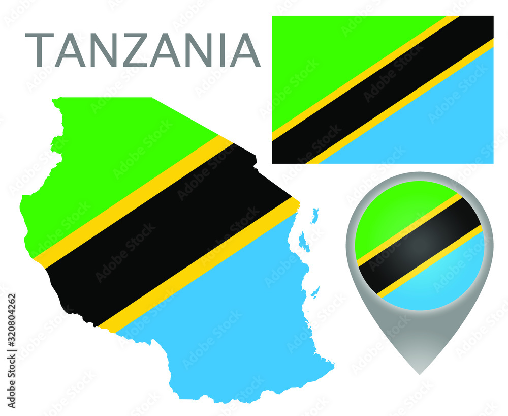 Colorful flag, map pointer and map of Tanzania in the colors of the tanzanian flag. High detail ...