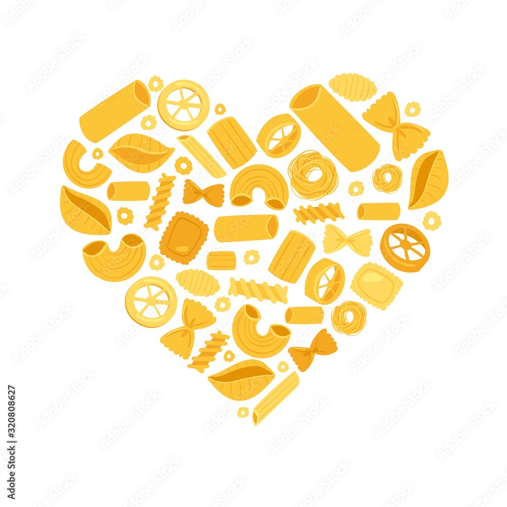 Italian pasta heart from different types fusilli, spaghetti and ...