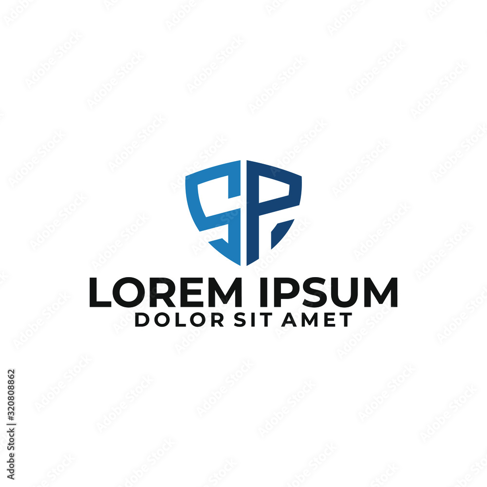 Initial letter SP logo template with shield line art symbol in flat ...