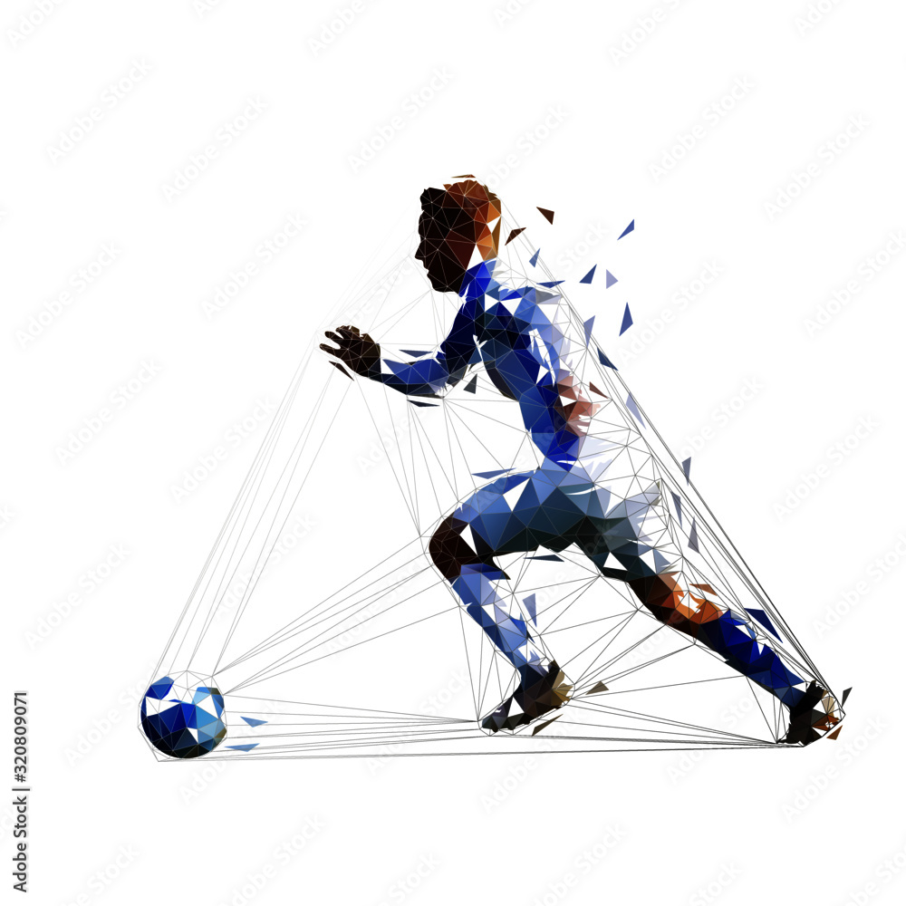 Soccer player running with ball, low poly isolated vector drawing ...