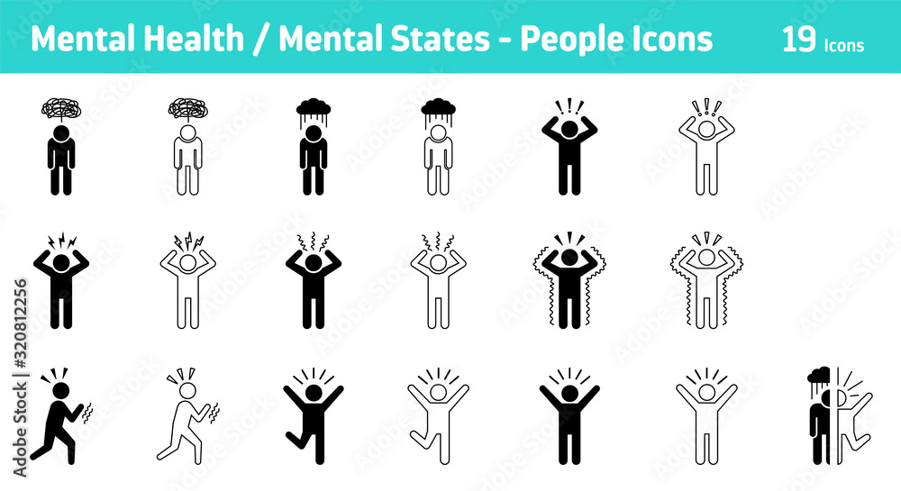 Mental Health / Mental States - People Icon Set, 19 icons Stock Vector ...