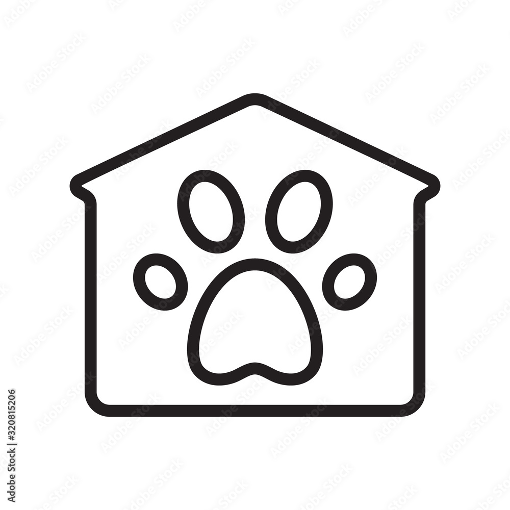 Pet house with paw print icon. Linear logo. Black simple illustration ...