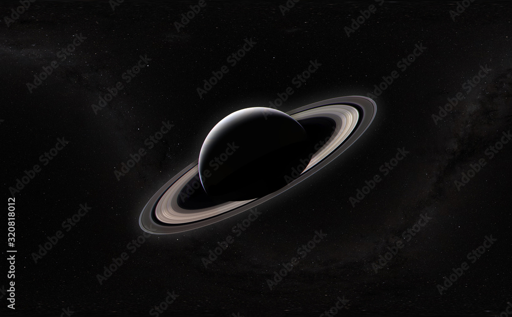 the planet saturn with spinning ring in the outer space and milky way ...