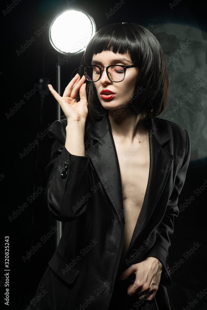 Beautiful Braless Slim Girl With Red Lips Wearing A Unbuttoned Black
