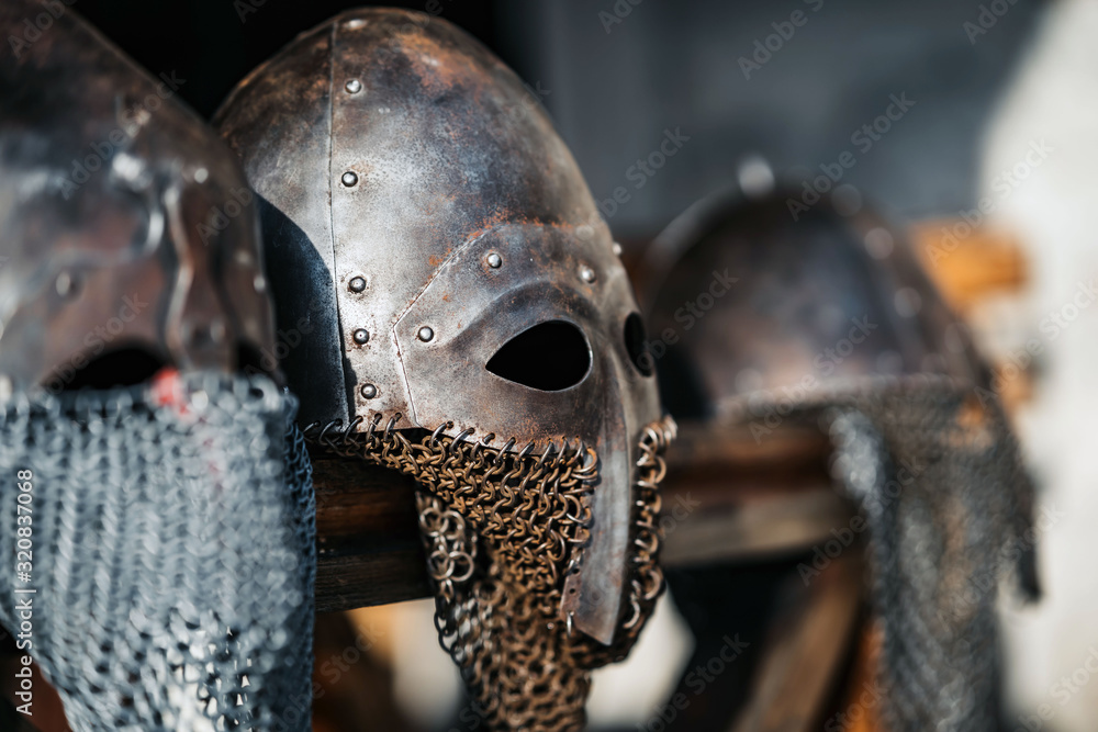 Profile of medieval old knightly helmets for protection in battle ...