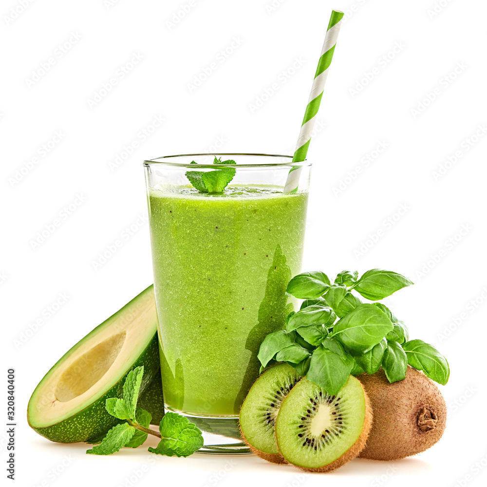 Healthy fresh fruit green smoothie in glass. Raw assorted ingredients ...