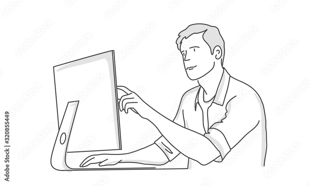 Man pointing at computer. Line drawing vector illustration. Stock ...