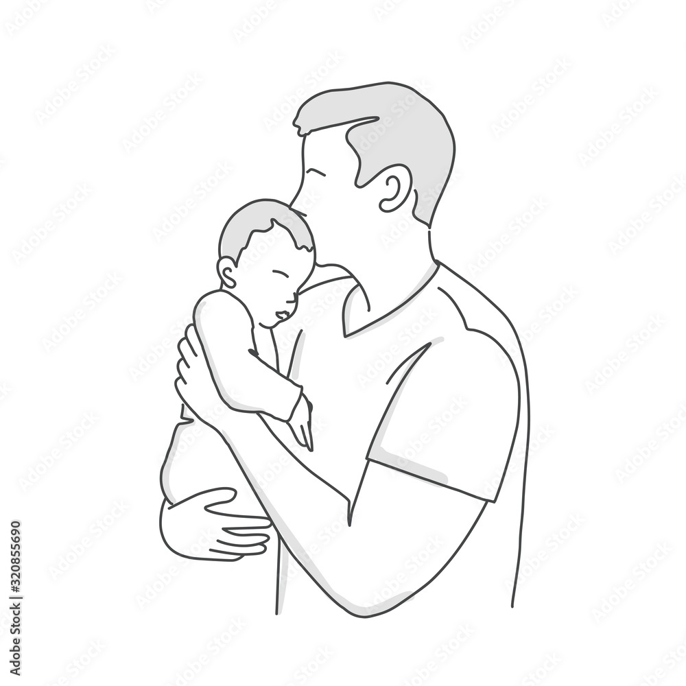 Father holding son in his arms. Tenderness concept. Line drawing vector ...