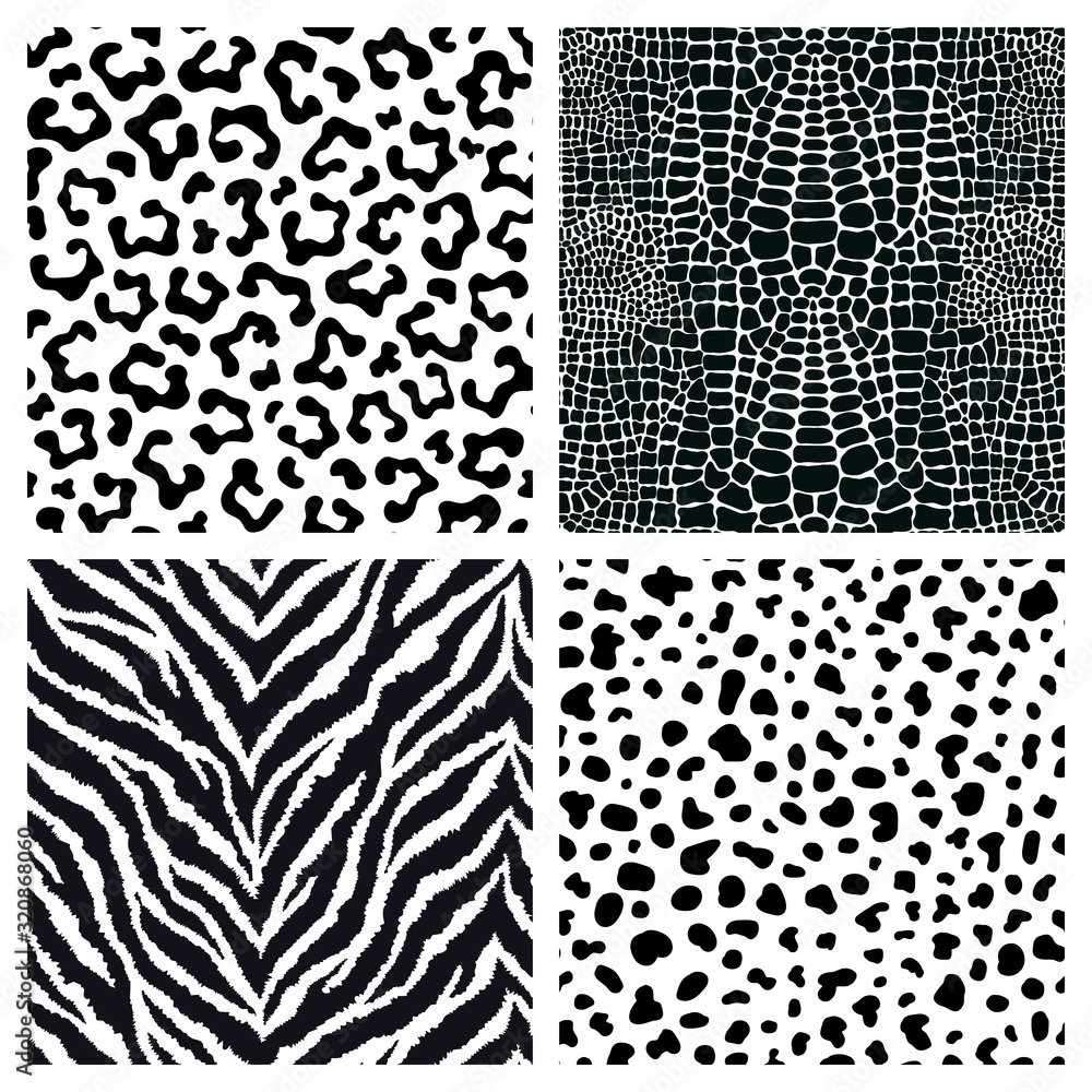 Set of 4 black and white animal fur, skin seamless patterns. Exotic ...