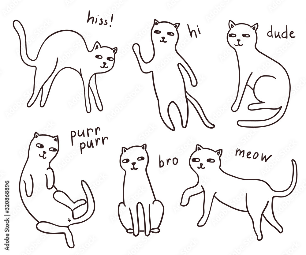 Hand drawn funny and starnge cats. Outline sketch kitten characters ...