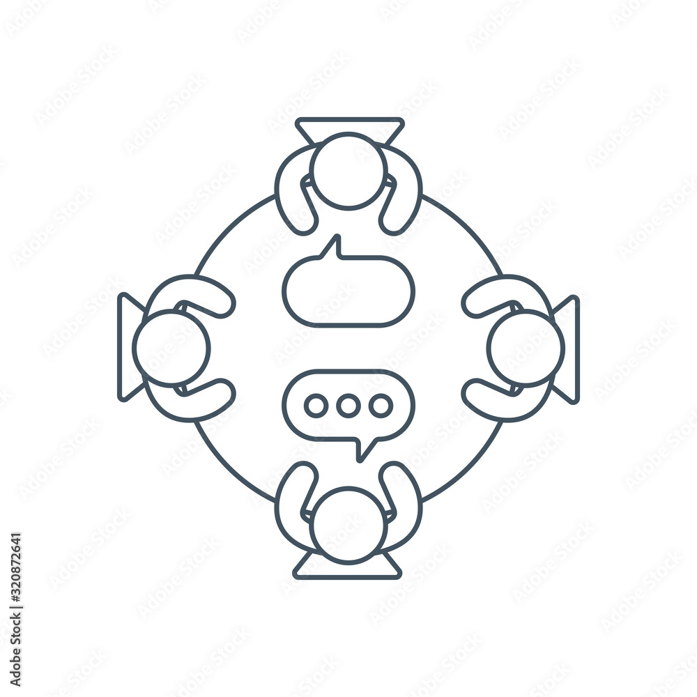 Business meeting vector line icon. Group of people sitting around a ...