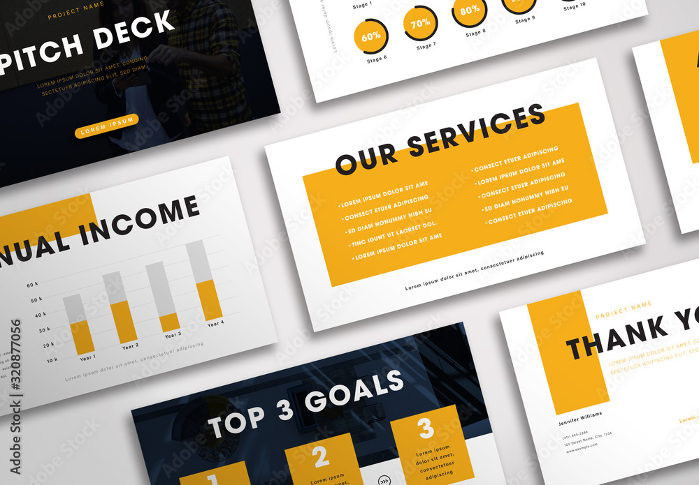 Pitch Deck Layout with Orange Accents Stock Template | Adobe Stock