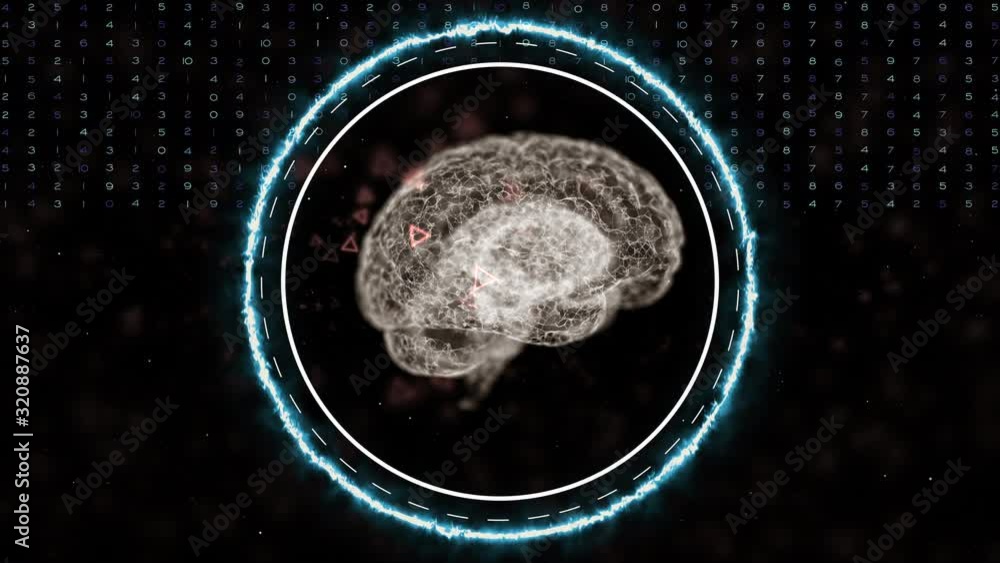 Artificial Intelligence and deep learning concept. Digital brain hologram in lightning circle ...