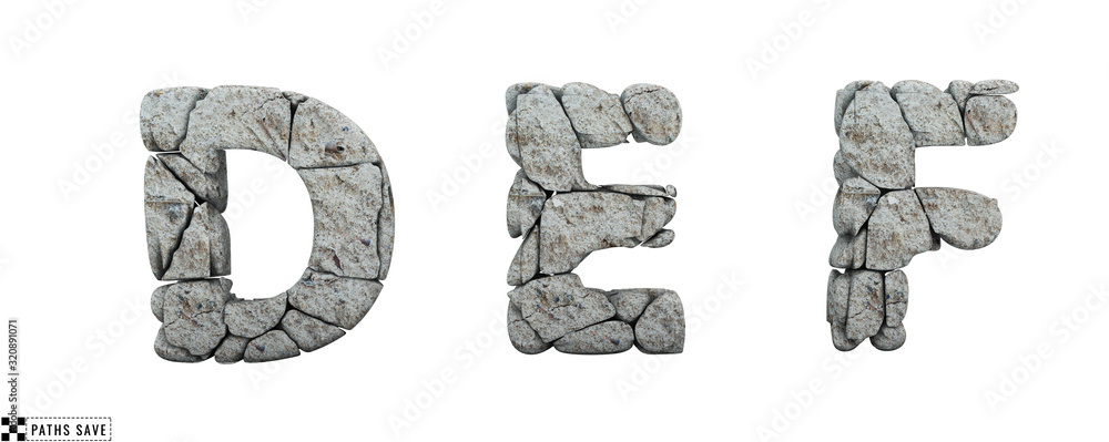 Stone letters D, E, F. 3d render. Rock alphabet. Path save. Stock ...