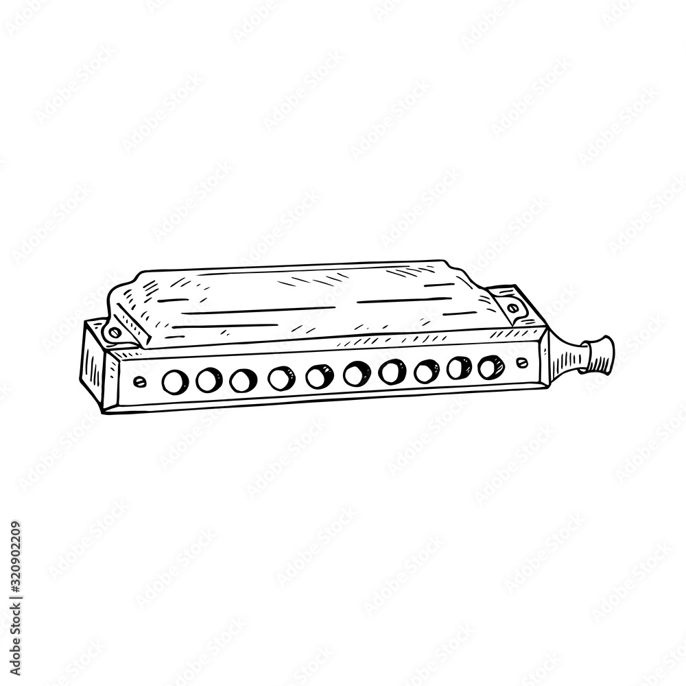 Chromatic harmonica, hand drawn doodle gravure vintage style, sketch ...