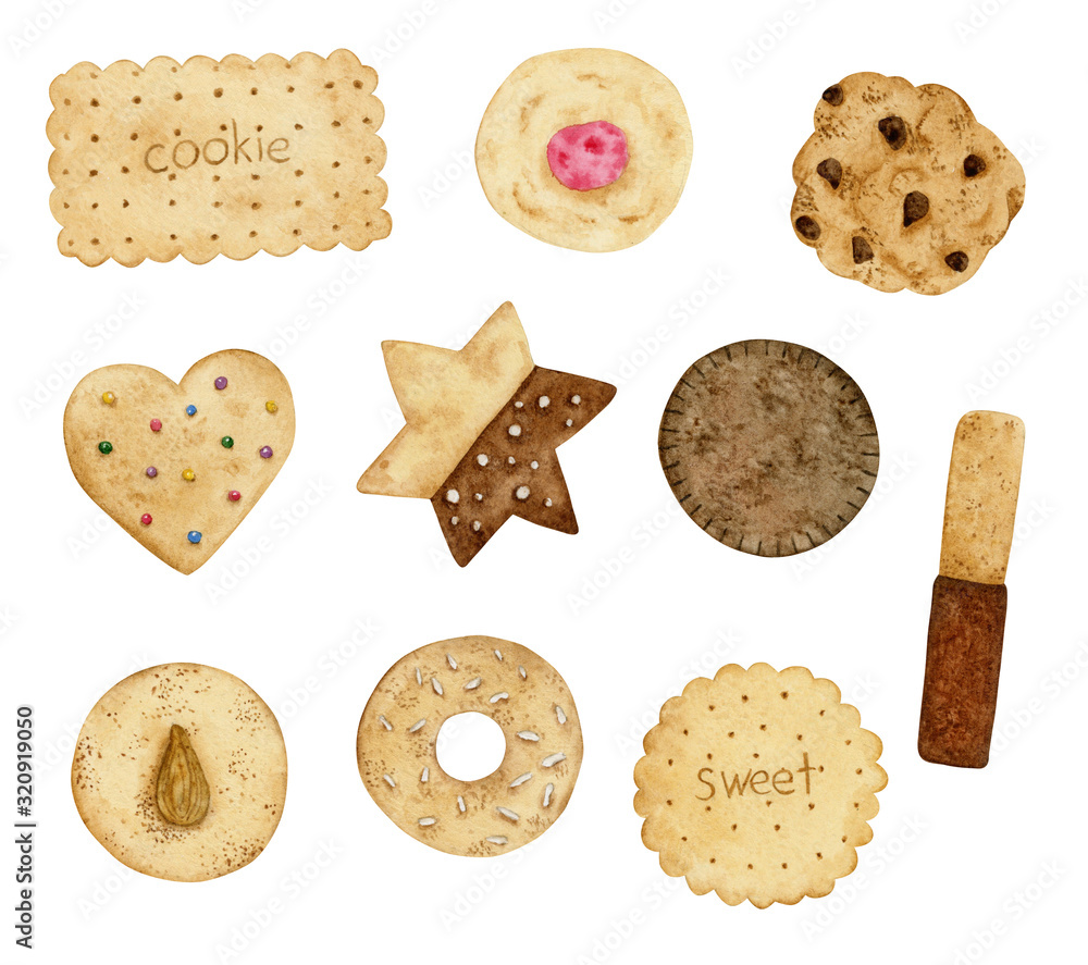 Watercolor set of different types of shortbread cookies on a white ...