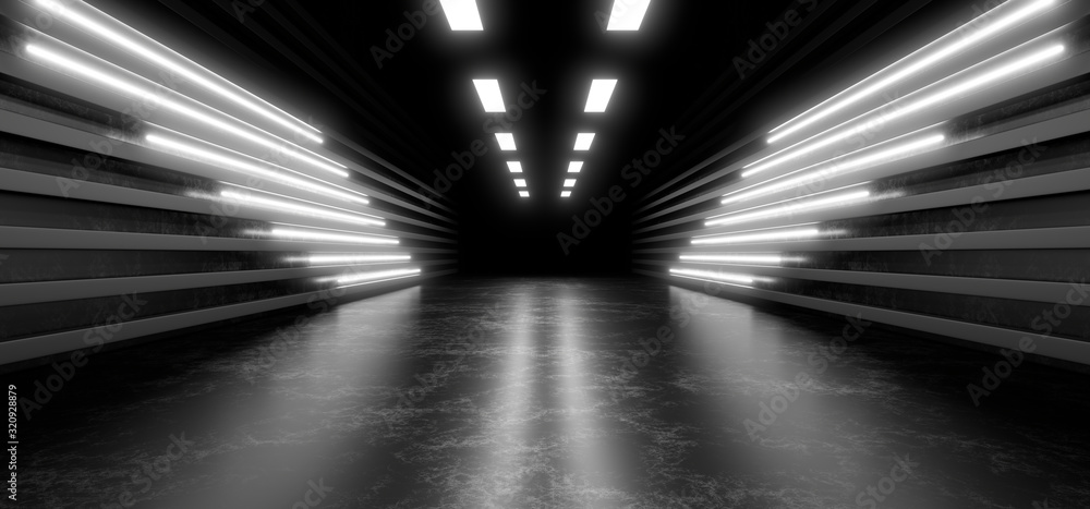 Beautiful composition of white neon lights on a black background. 3d ...