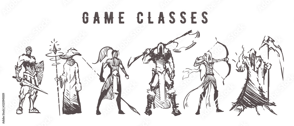 Sketch of game classes of multiplayer games. Mage, Warrior, Archer ...