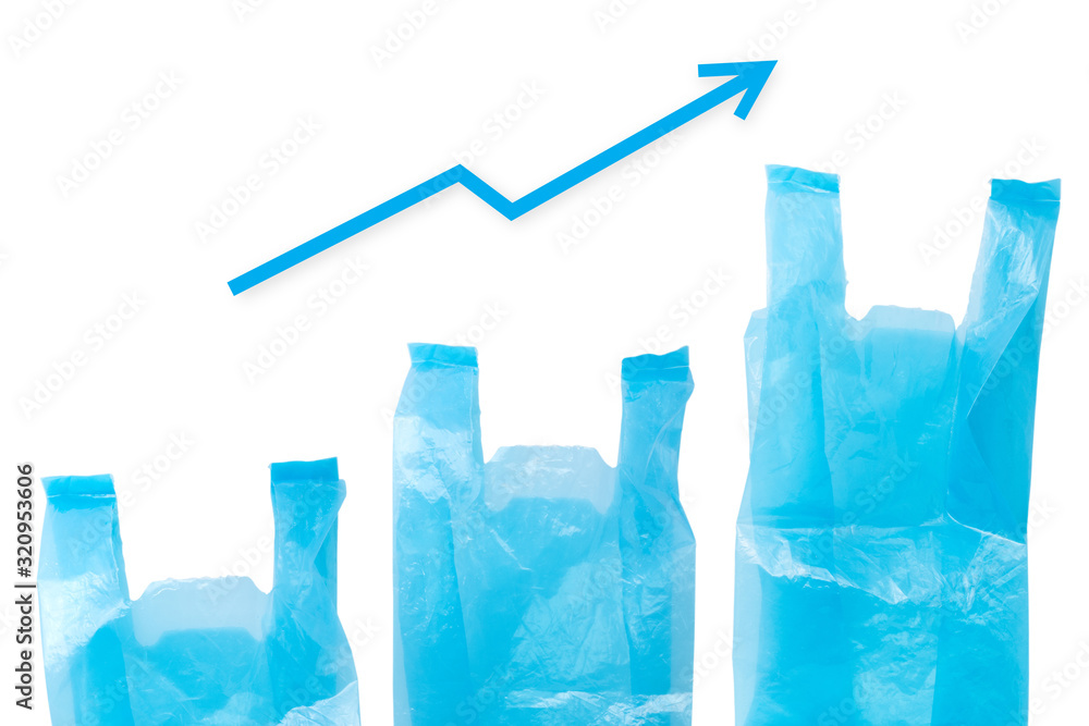 Blue plastic bag with growing, rising chart on white background ...