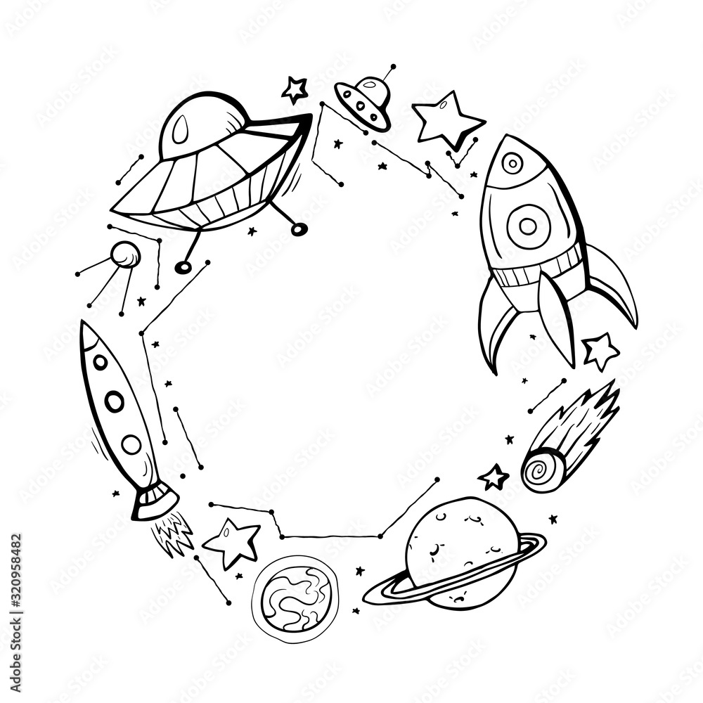 Into the space. Round frame with childrens contour space pattern of a ...