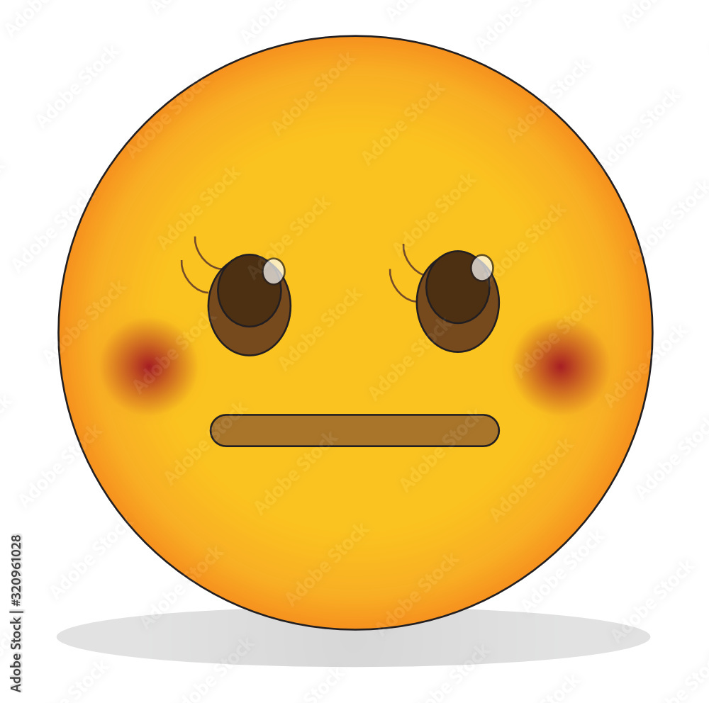 Embarrassed emoticon. Yellow shy emoji face with blushing cheeks, mouth ...