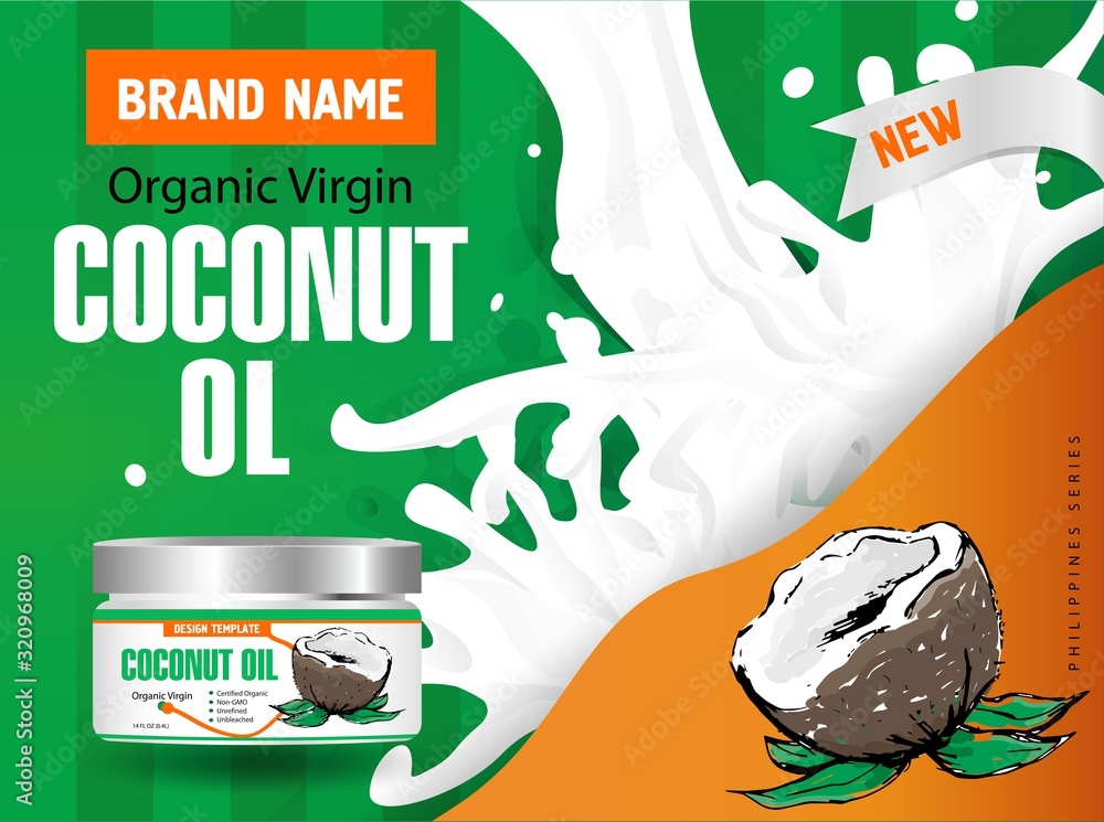 Vector tropical food illustration. Coconut oil design template ...