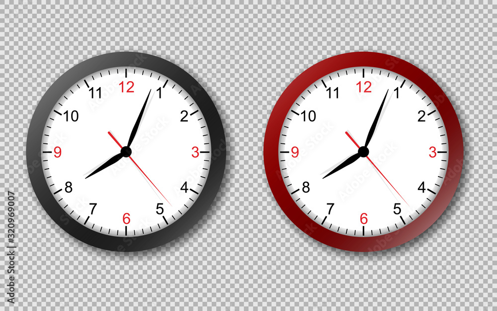 Realistic office clock. Wall round watches with time arrows and clock ...