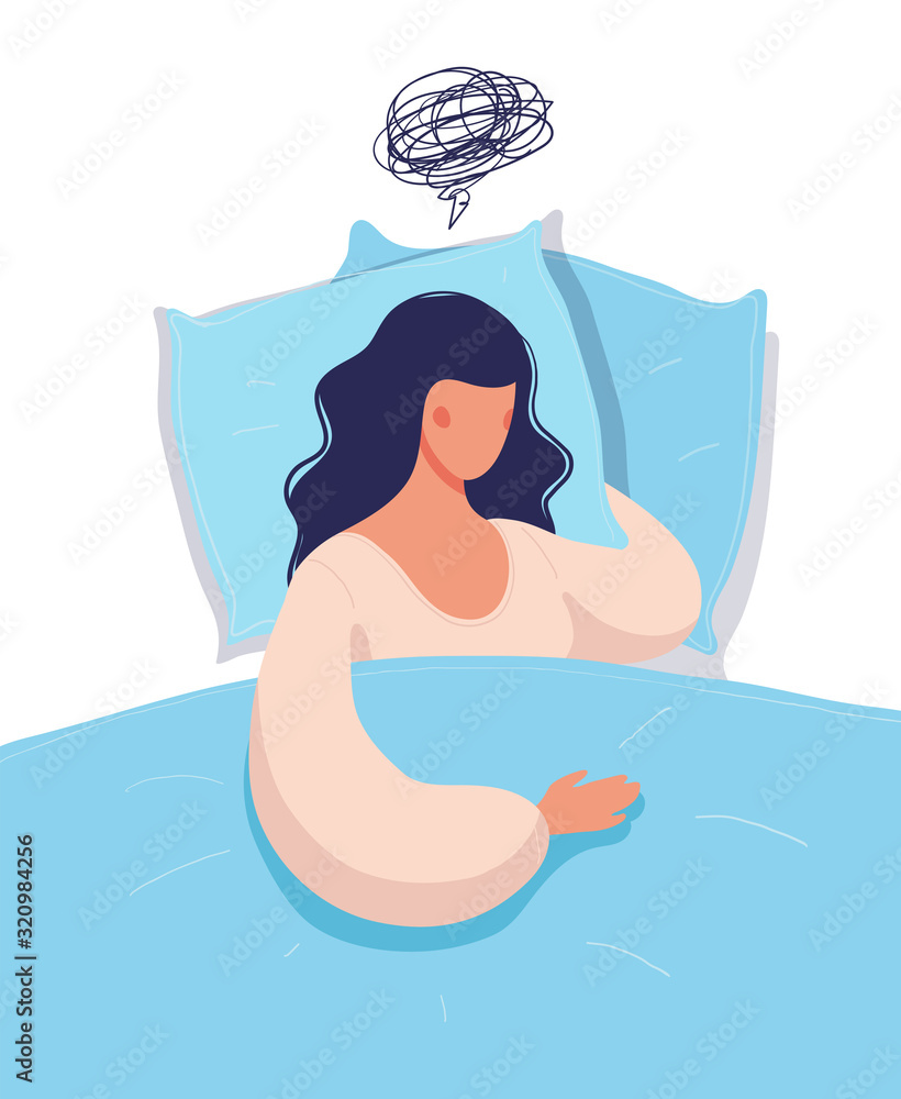 Beautiful young woman lies in bed and thinks. Concept illustration of ...