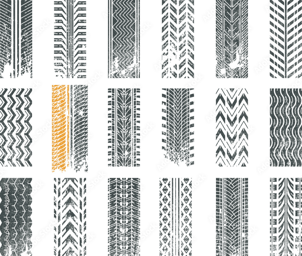 Track tread black glyph icons set on white space. Detailed automobile ...