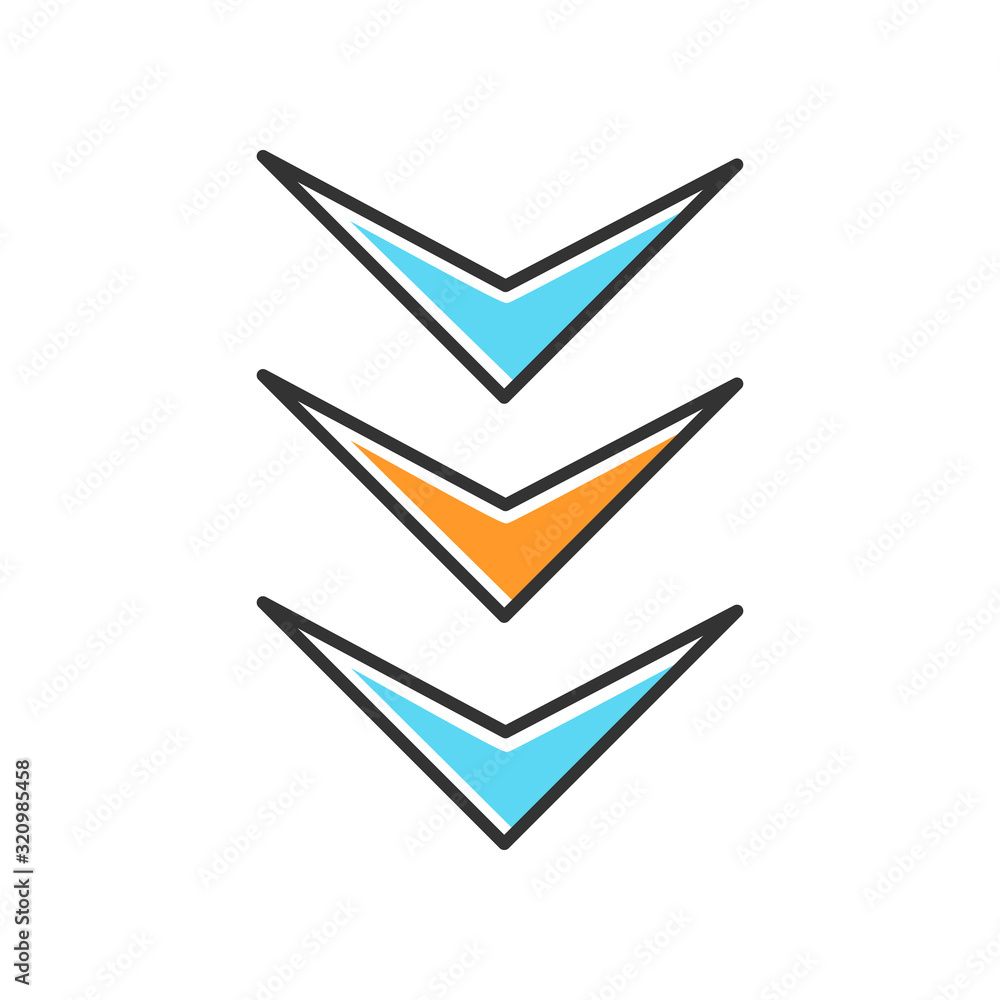 Three down arrows blue and orange RGB color icon. Page browsing ...