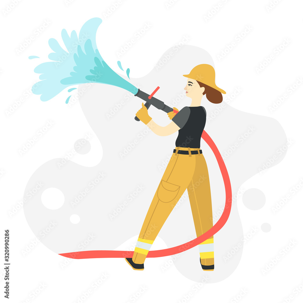 Female firefighter standing holding hose throwing water working. Vector ...