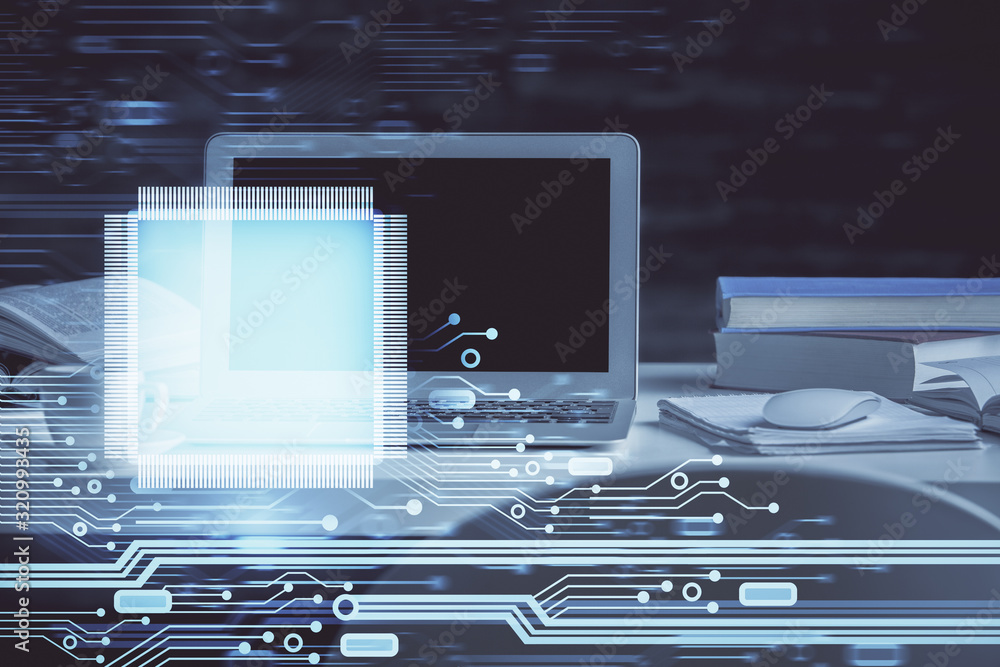 Technology theme drawing and table with computer. Multi exposure ...