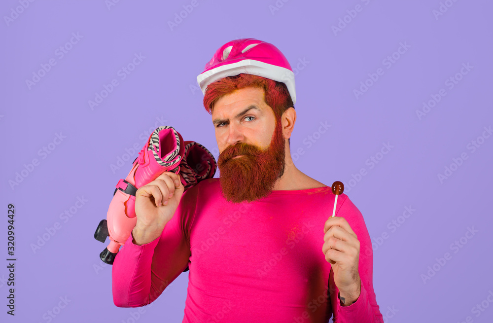 Active sport. Roller skater. Rollerblading. Bearded man with roller ... Active sport. Roller skater. Rollerblading. Bearded man with roller ...