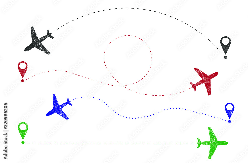 Grunge texture Airplane line path vector icon of air plane flight route ...