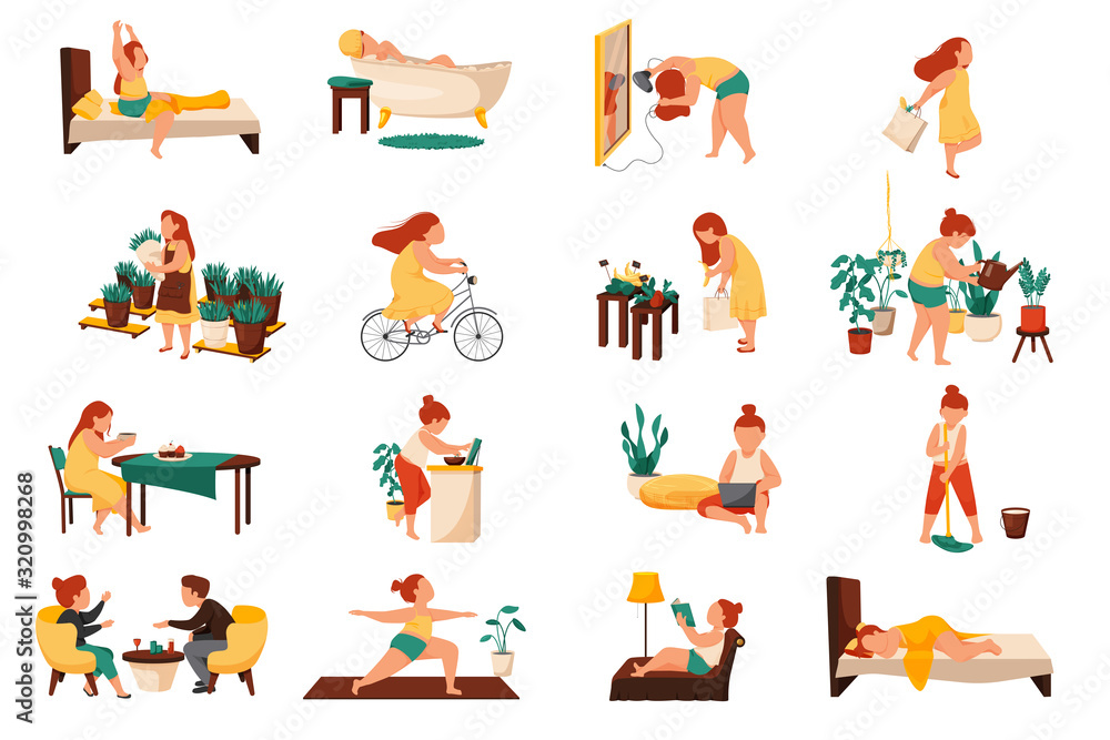 Woman Daily Routine Set Stock Vector | Adobe Stock