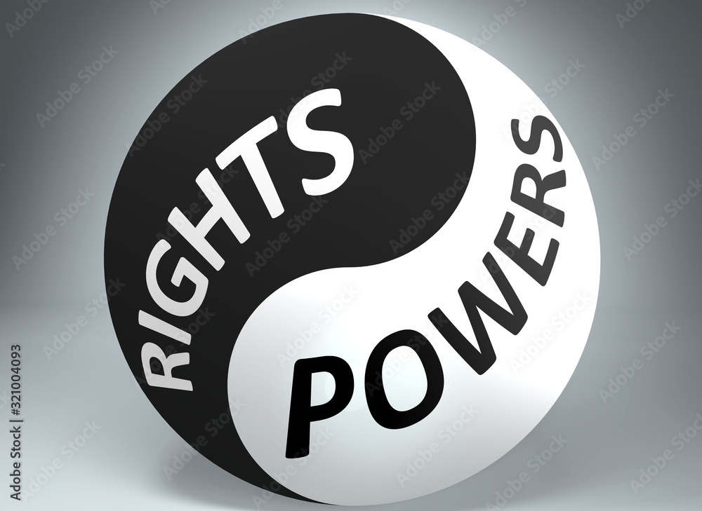 Rights and powers in balance - pictured as words Rights, powers and yin ...