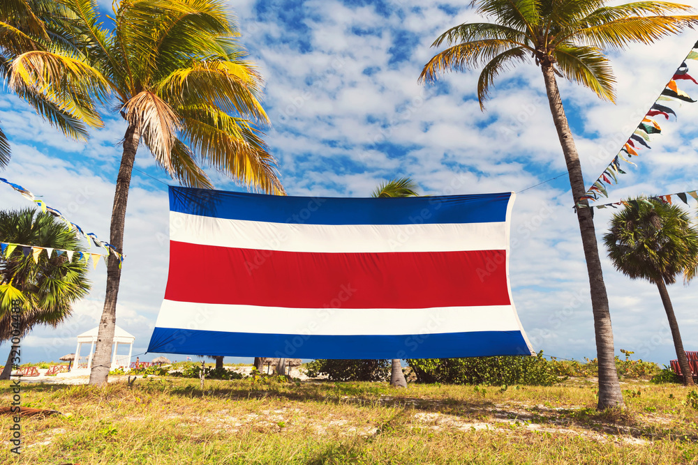 flag of Costa Rica with palm trees and the blue cloudy sky. Beautiful ...