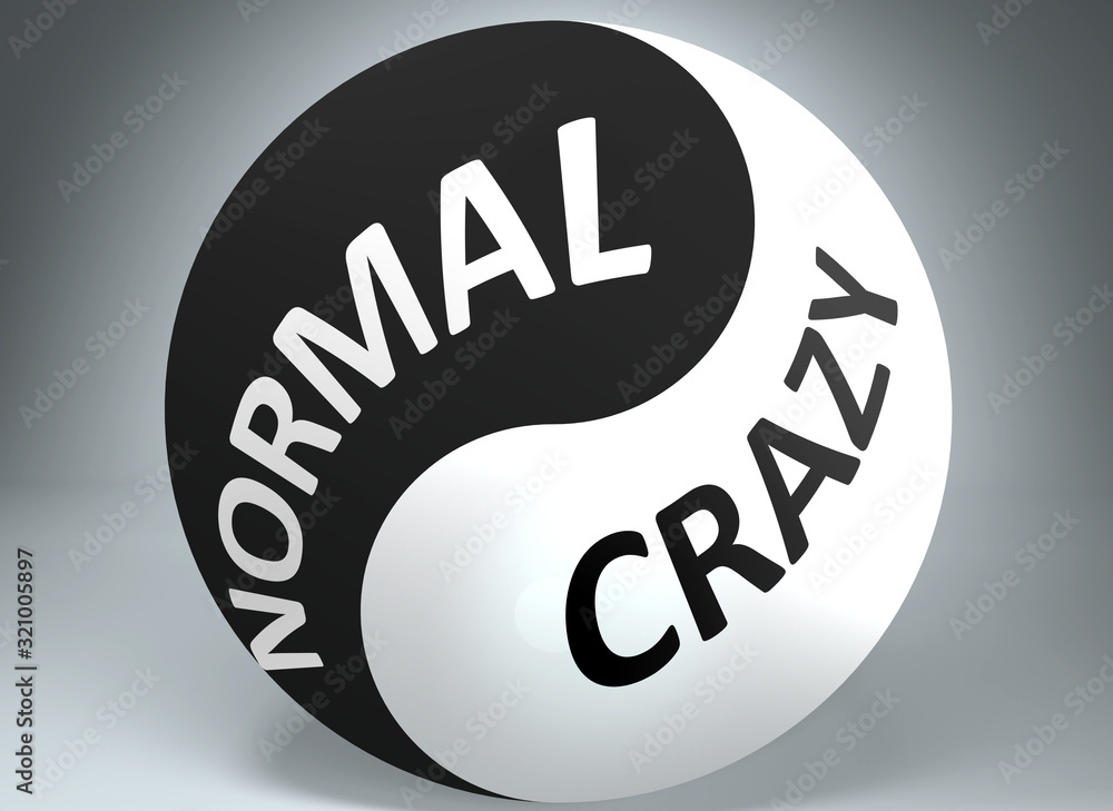 Normal and crazy in balance - pictured as words Normal, crazy and yin ...