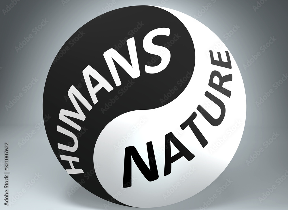 Humans and nature in balance - pictured as words Humans, nature and yin ...