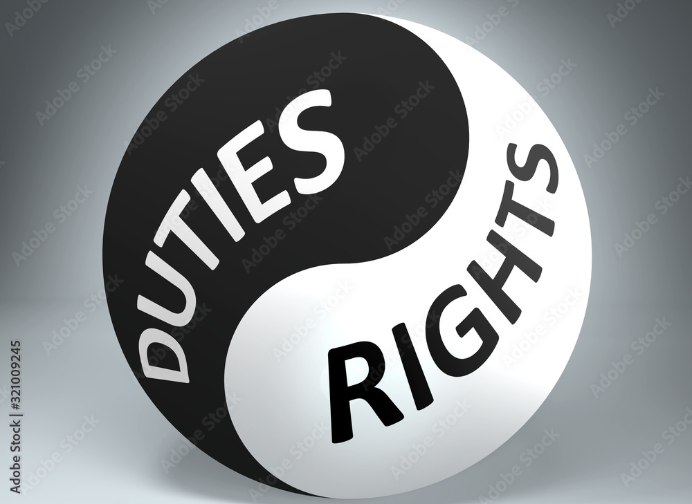 Duties and rights in balance - pictured as words Duties, rights and yin ...