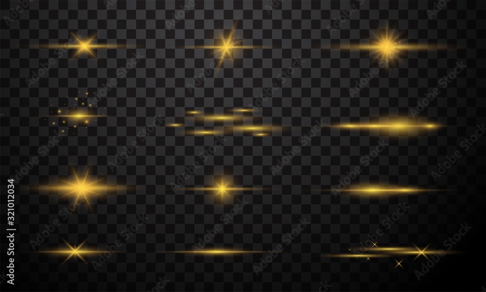 Golden light effect set isolated on dark transparent background. Bright ...