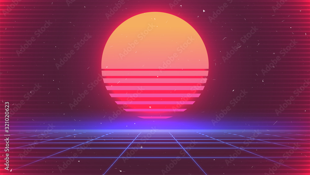 80s Sun Background. Retro Future Sunset Banner. Big Neon Sun. Synthwave ...