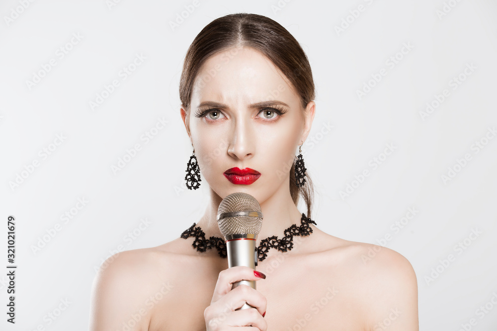 Girl, Miss actress angry talk at mic against racism and war. Young ...