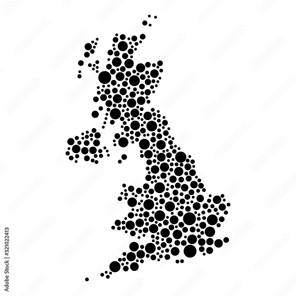 Great Britain map from black circles of different diameters or spots ...