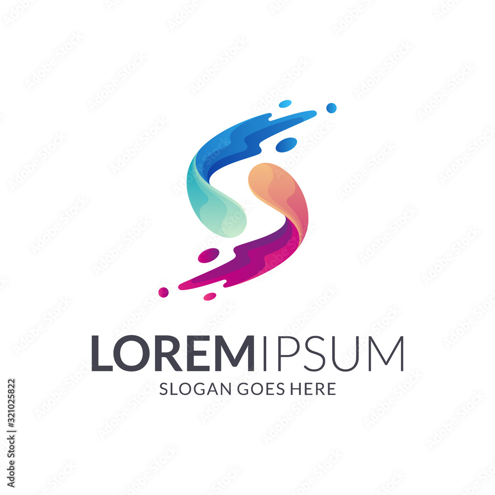 S logo with water splash motion shape, wave letter s logo design ...